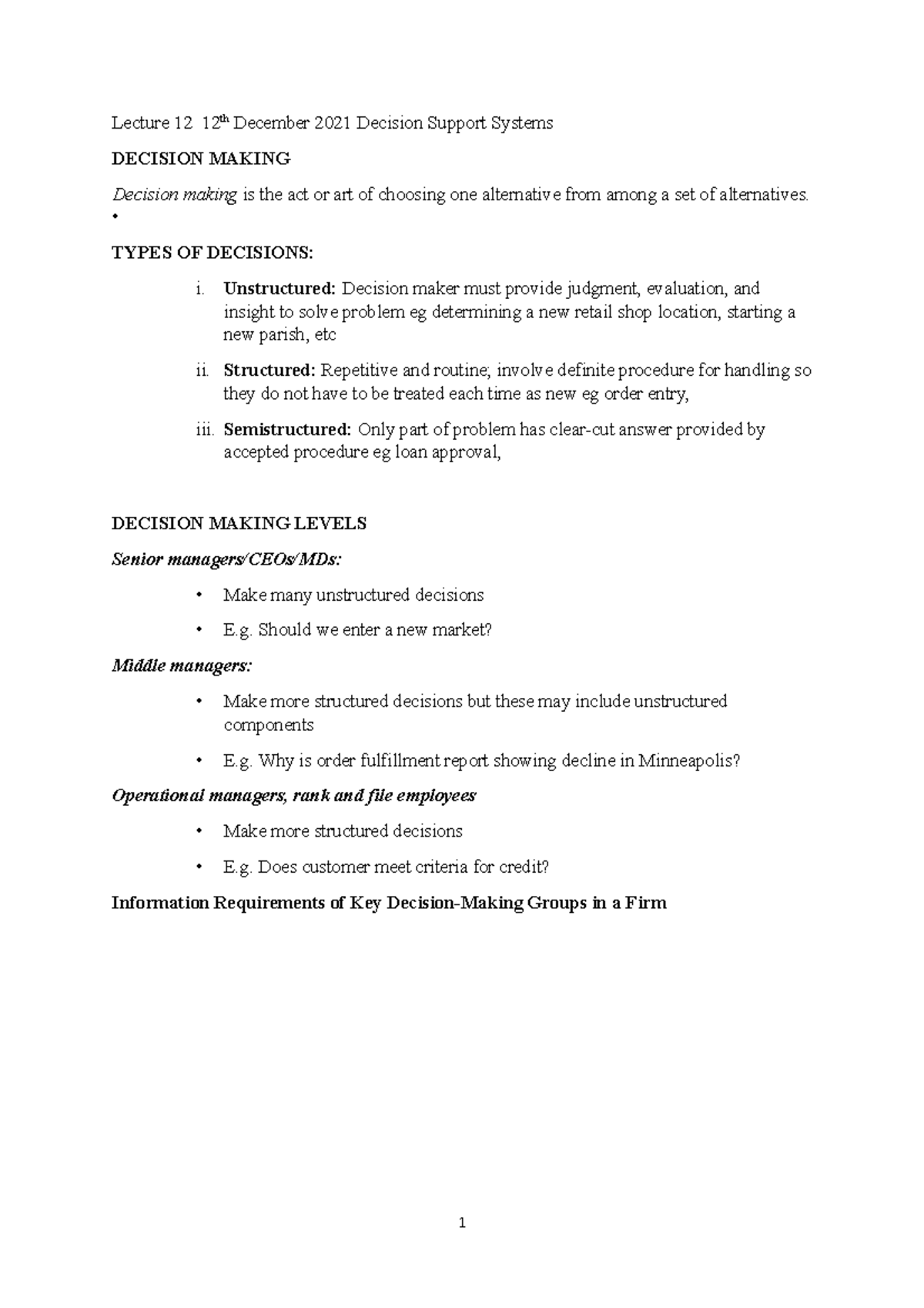 Lecture 12 12th December 2021 Decision Support Systems - Lecture 12 12th December 2021 Decision ...