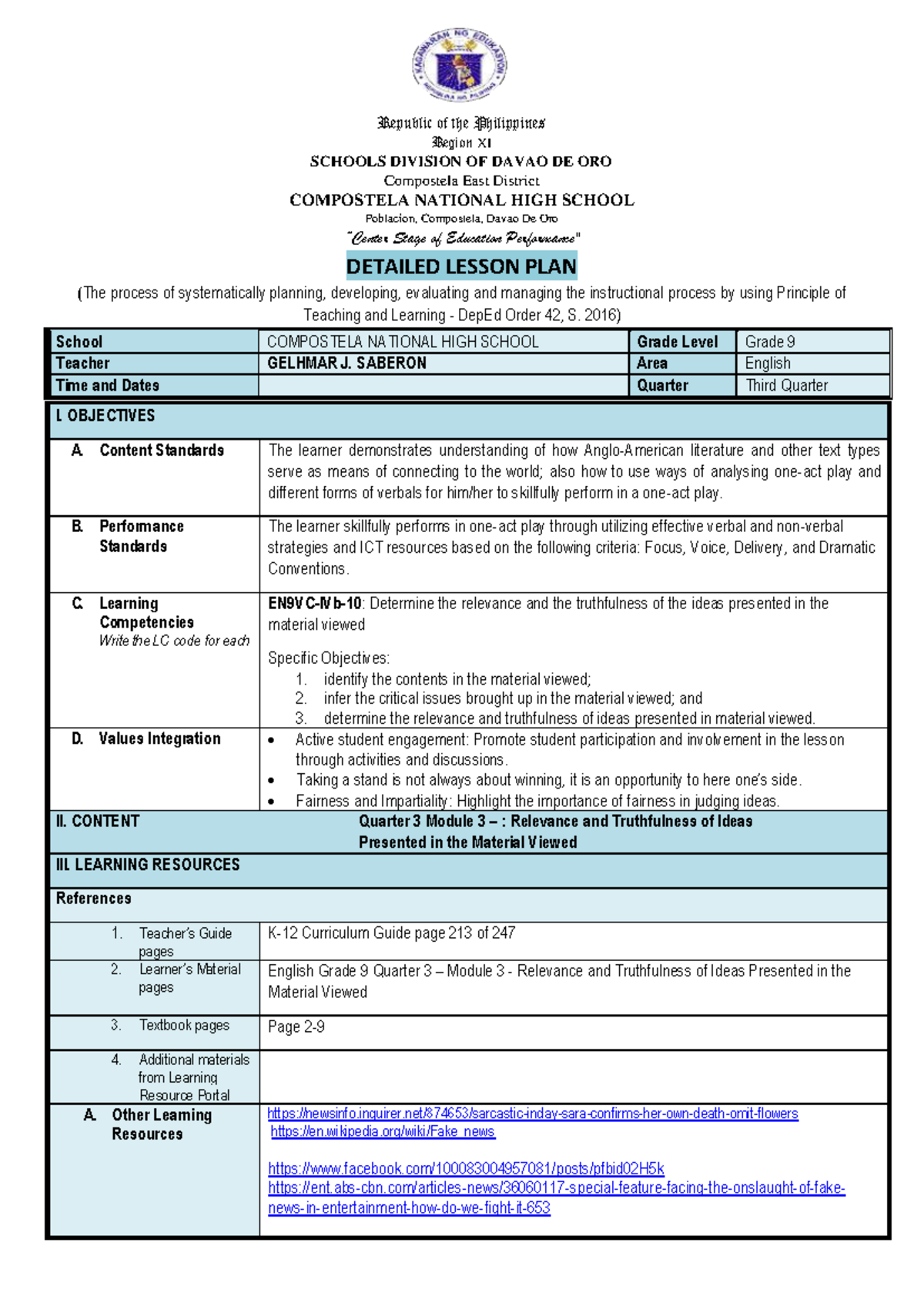 Q3-M3-DLP - Detailed Lesson Plan - Republic of the Philippines Region ...