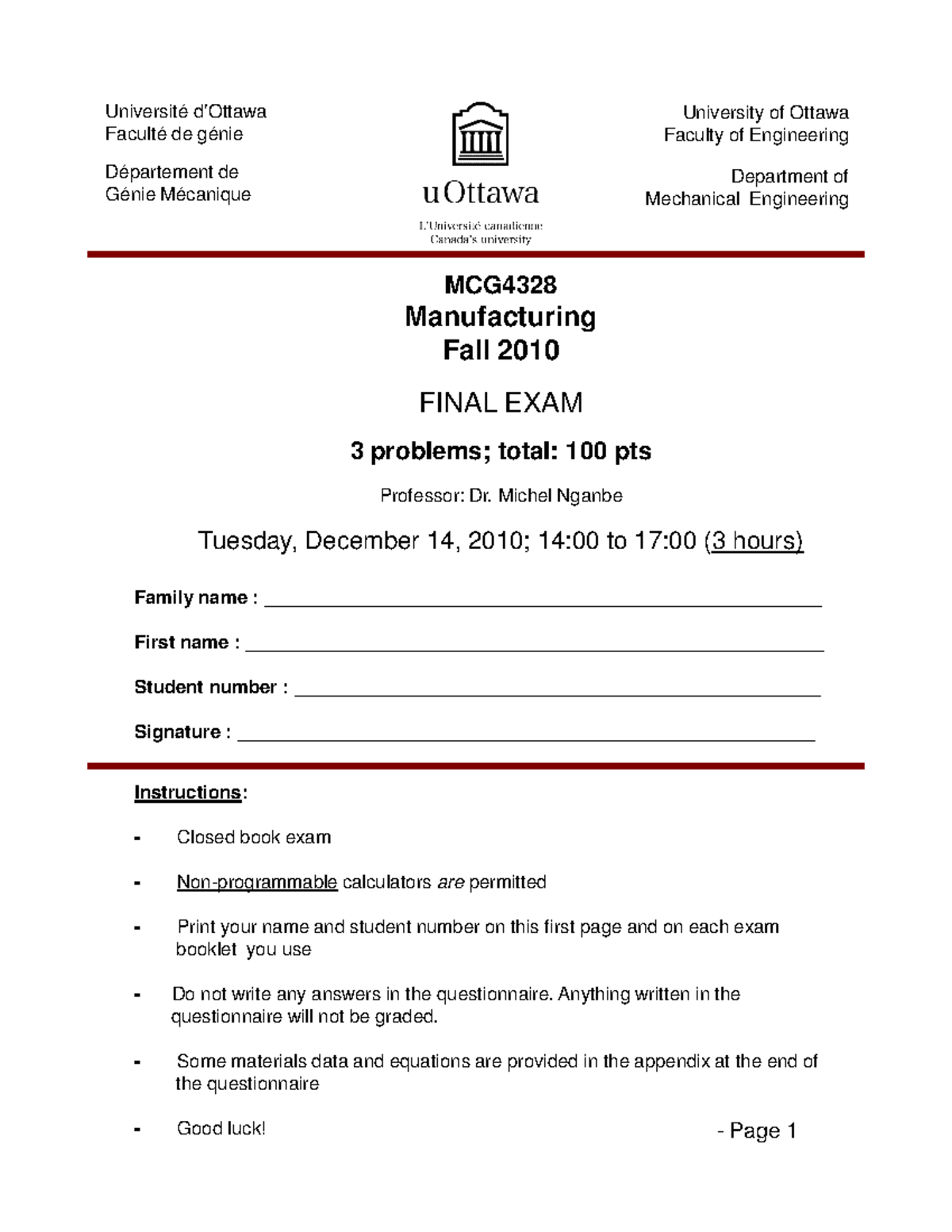 Final-exam Fall-2010 - Preparation - Université d’Ottawa Faculté de ...