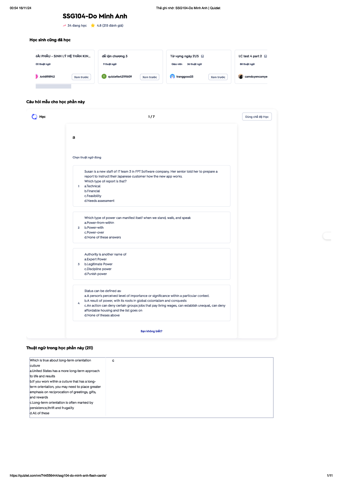 SSG - quizz - 00:54 The ghi nhó: Minh Anh Quizlet Minh Anh 34 dang hoc 4 (215 dánh giá) Hoc sinh ...