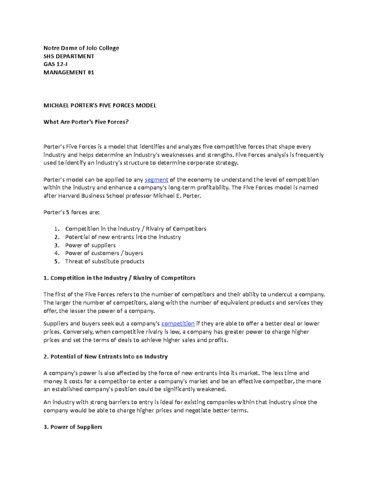 Porter's Five Forces Model - Notre Dame of Jolo College SHS DEPARTMENT ...