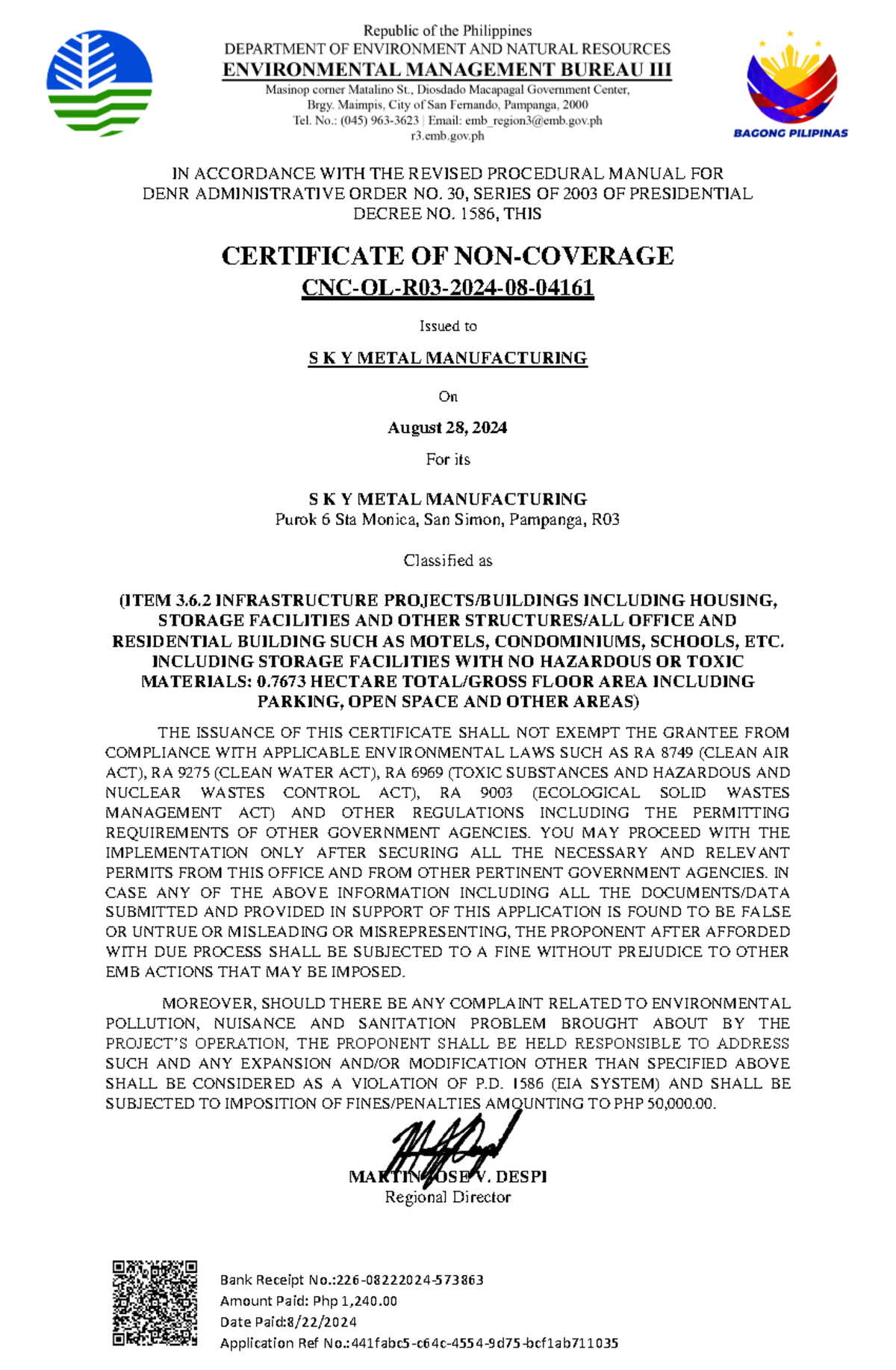 CNC Certification - adccccccc - Bank Receipt No.:226-08222024- Amount ...