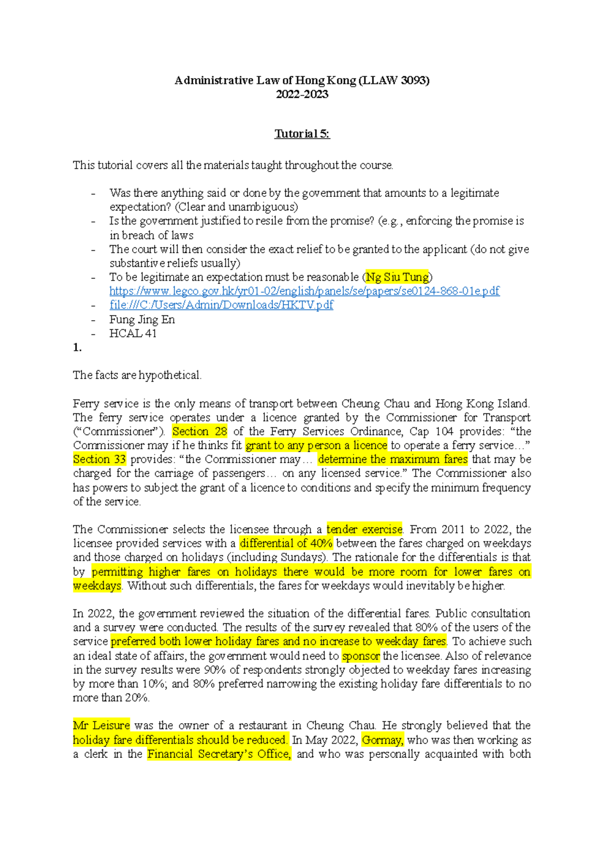 Llaw3093 T5 - nil - Administrative Law of Hong Kong (LLAW 3093) 2022- Tutorial 5: This tutorial ...