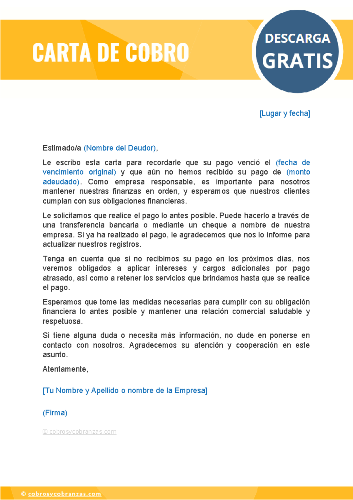 Modelo carta recordatorio pago - [Lugar y fecha] Estimado/a (Nombre del ...