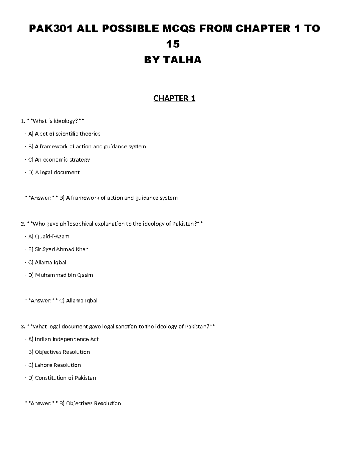 PAK301 1 TO 15 ALL POSSIBLE MCQS.docx - PAK301 ALL POSSIBLE MCQS FROM CHAPTER 1 TO 15 BY TALHA ...