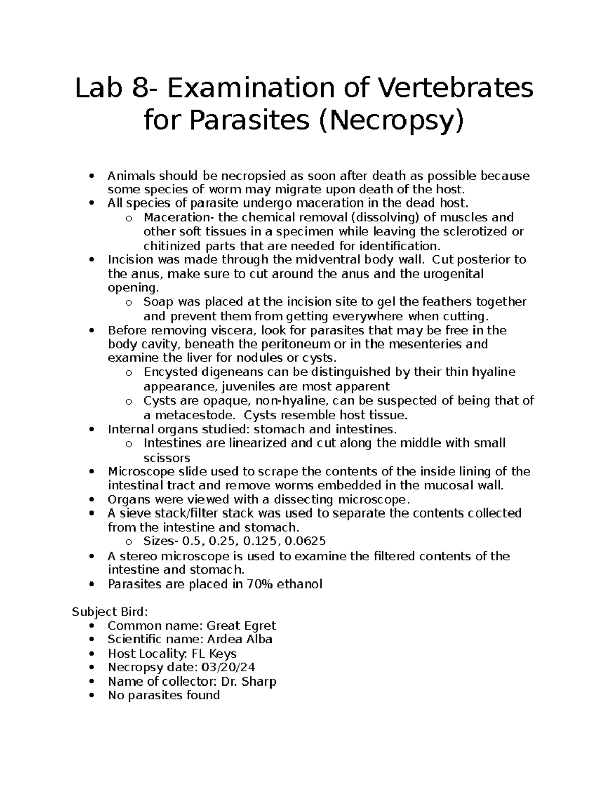 Lab 8- Examination of Vertebrates for Parasites (Necropsy) - Lab 8 ...