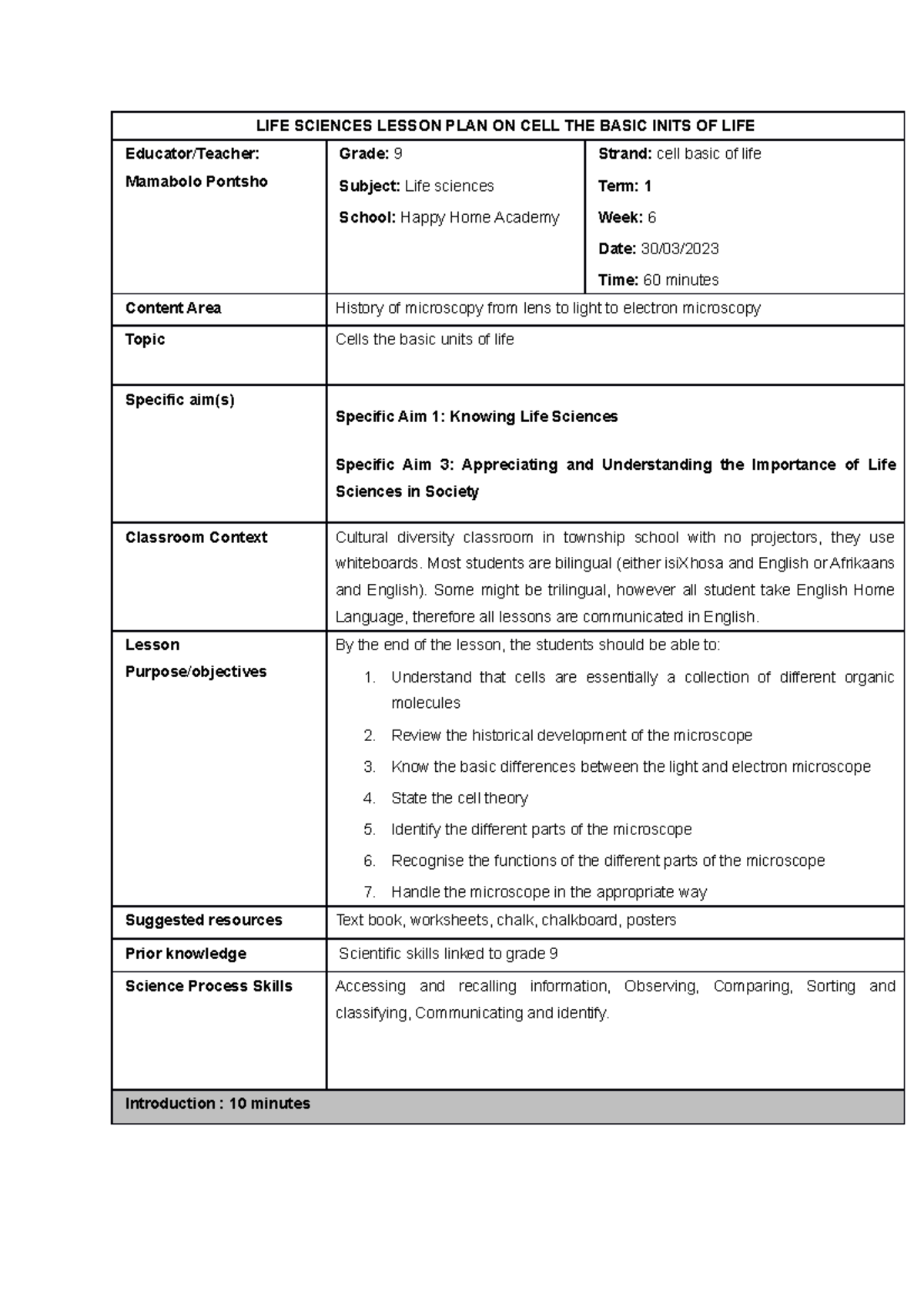 Food types lesson plan - LIFE SCIENCES LESSON PLAN ON CELL THE BASIC ...