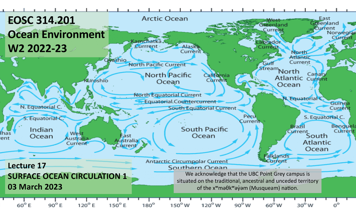 Lecture 17-EOSC314-Jan2023 - Lecture 17 SURFACE OCEAN CIRCULATION 1 03 ...