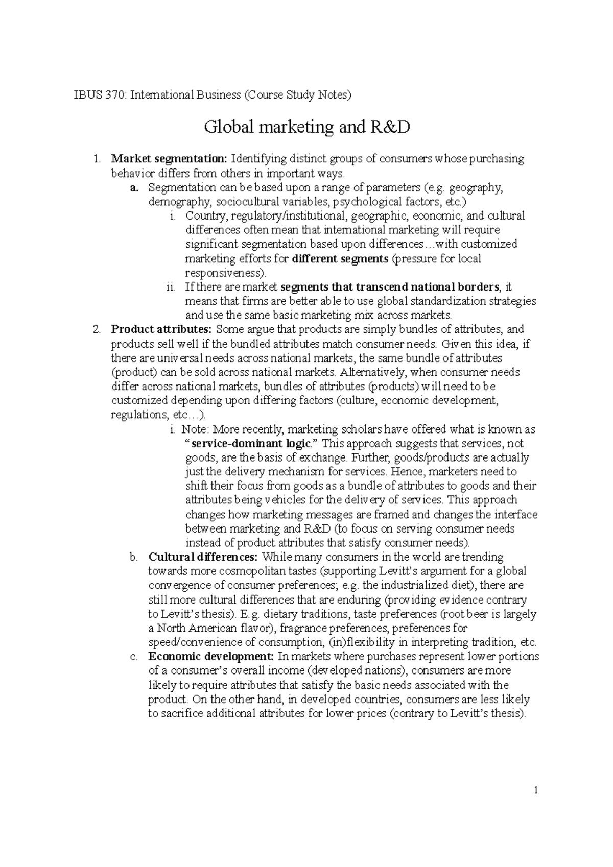 Marketing RD Notes - 1 IBUS 370: International Business (Course Study ...