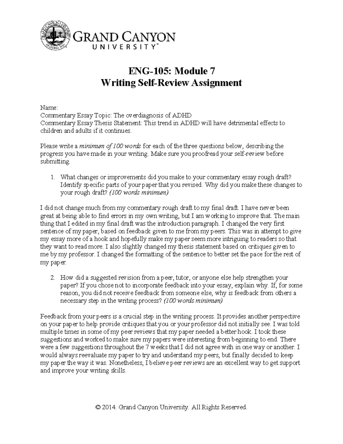 ENG105 Self Review - ENG-105: Module 7 Writing Self-Review Assignment ...