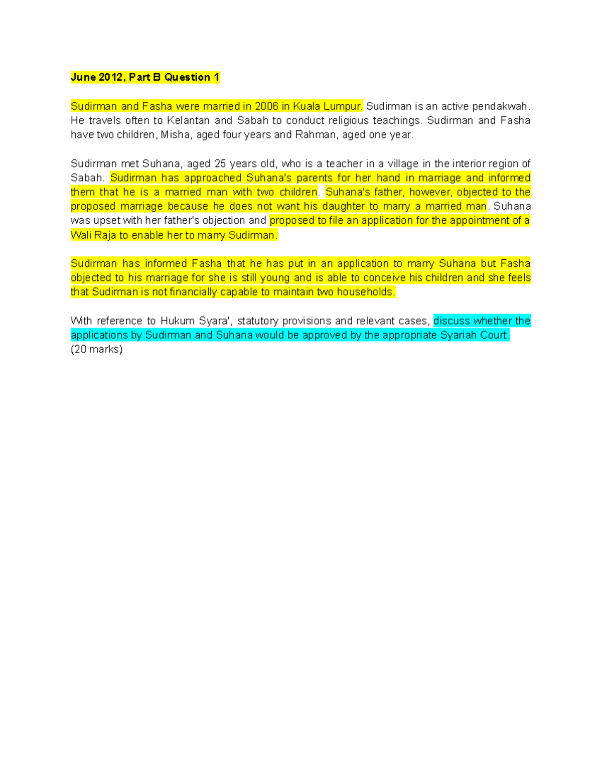 W5 & W6 Tutorial- Marriage in Islam - June 2012, Part B Question 1 Sudirman and Fasha were ...