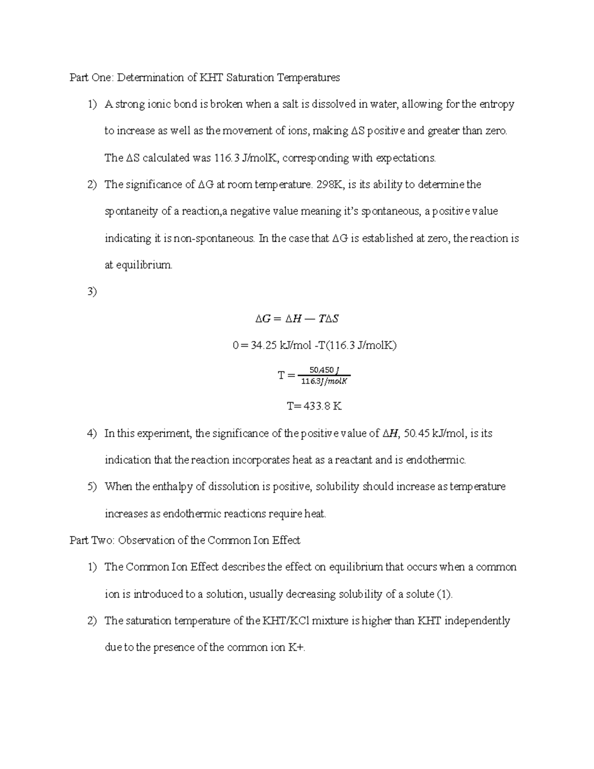 Post lab mod 9 - mod 9 - Part One: Determination of KHT Saturation ...