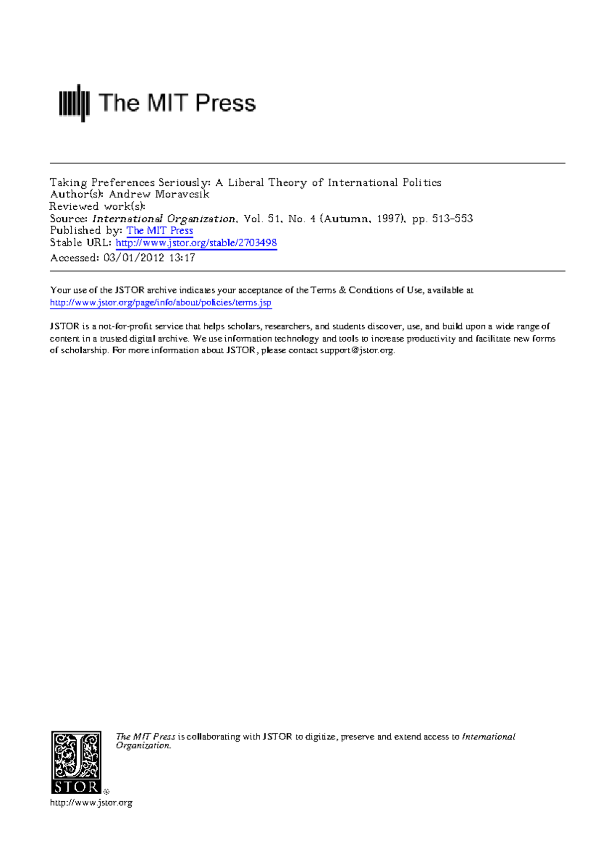 Moravcsik 1997 - Taking Preferences Seriously A Liberal Theory of ...