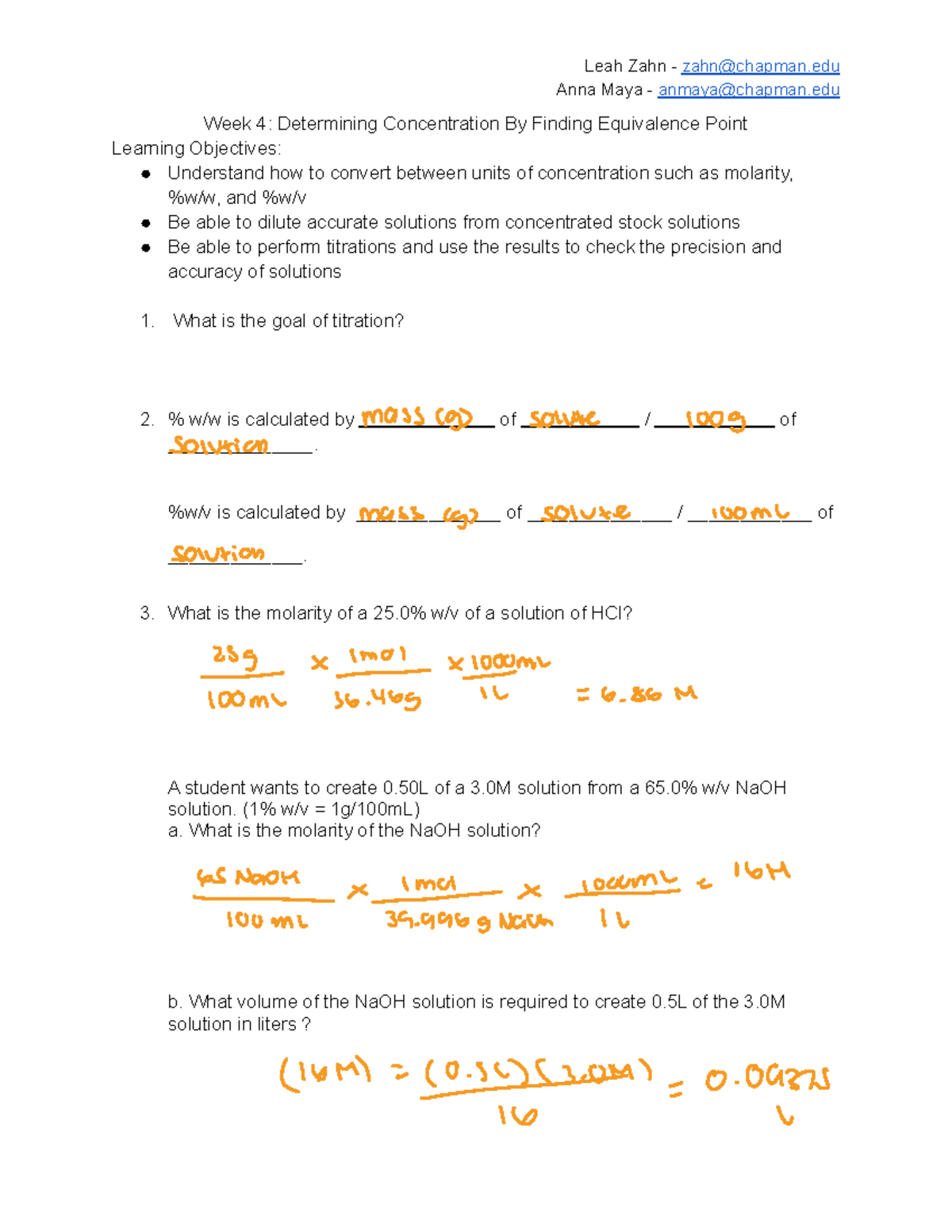 Si Week 4 Titration - SI chem 150 lab w/ Anna - Leah Zahn - zahn@chapman Anna Maya - anmaya ...