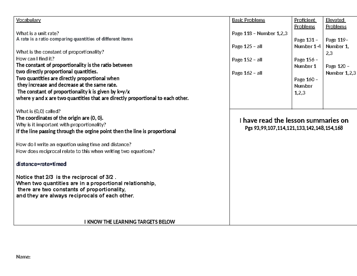 Study guide UNIT 2 Proportions - Vocabulary What is a unit rate? A rate ...