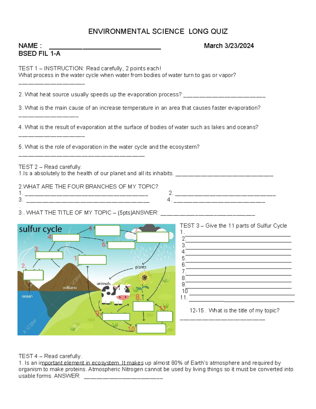 Environmental Science LONG QUIZ - ENVIRONMENTAL SCIENCE LONG QUIZ NAME ...