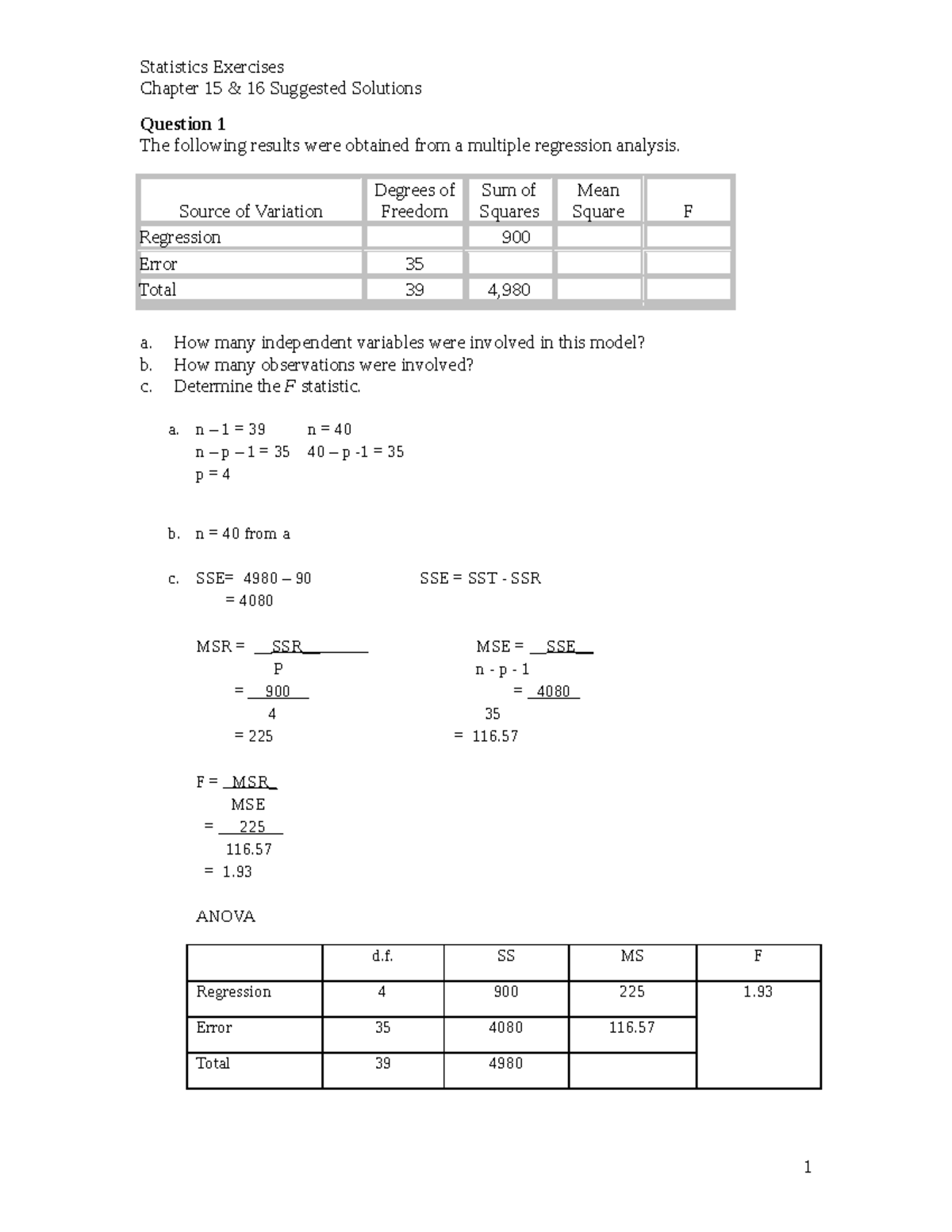 Exercises Ch1516 Solutions details - Chapter 15 & 16 Suggested ...