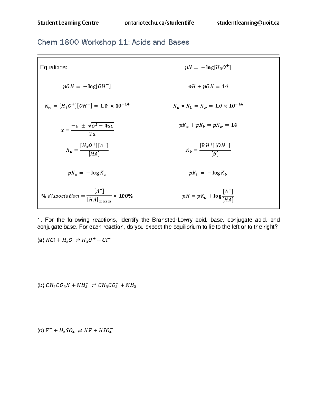 WS 11 Acids and Bases - practice - Chem 1800 Workshop 11: Acids and ...