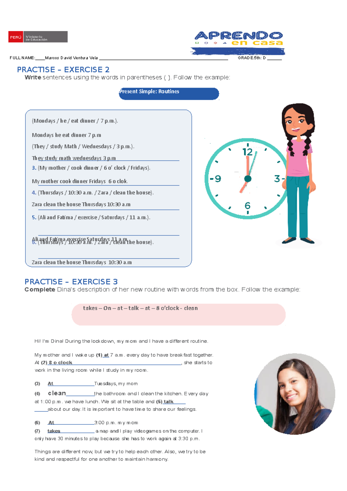 Ingles semana 14 - Present Simple: Routines (Mondays / he / eat dinner ...