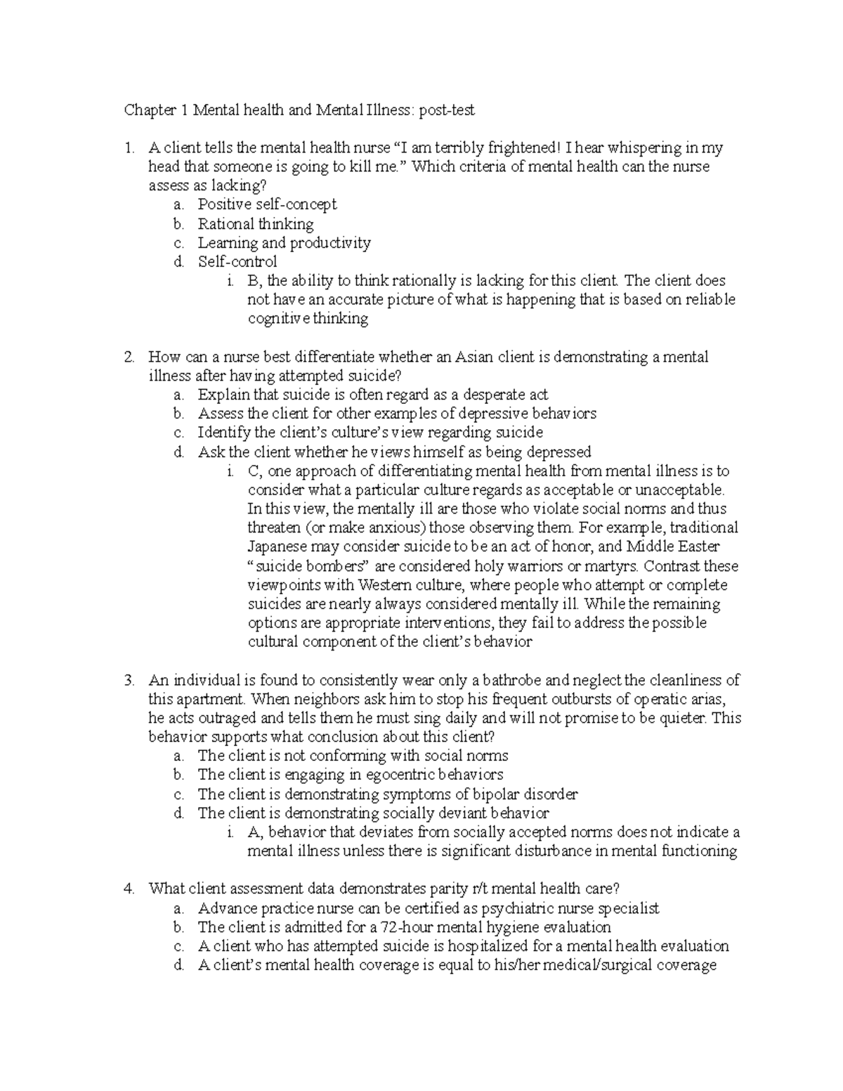 Chapter 1 Mental health and Mental Illness (post-test) - Chapter 1 ...