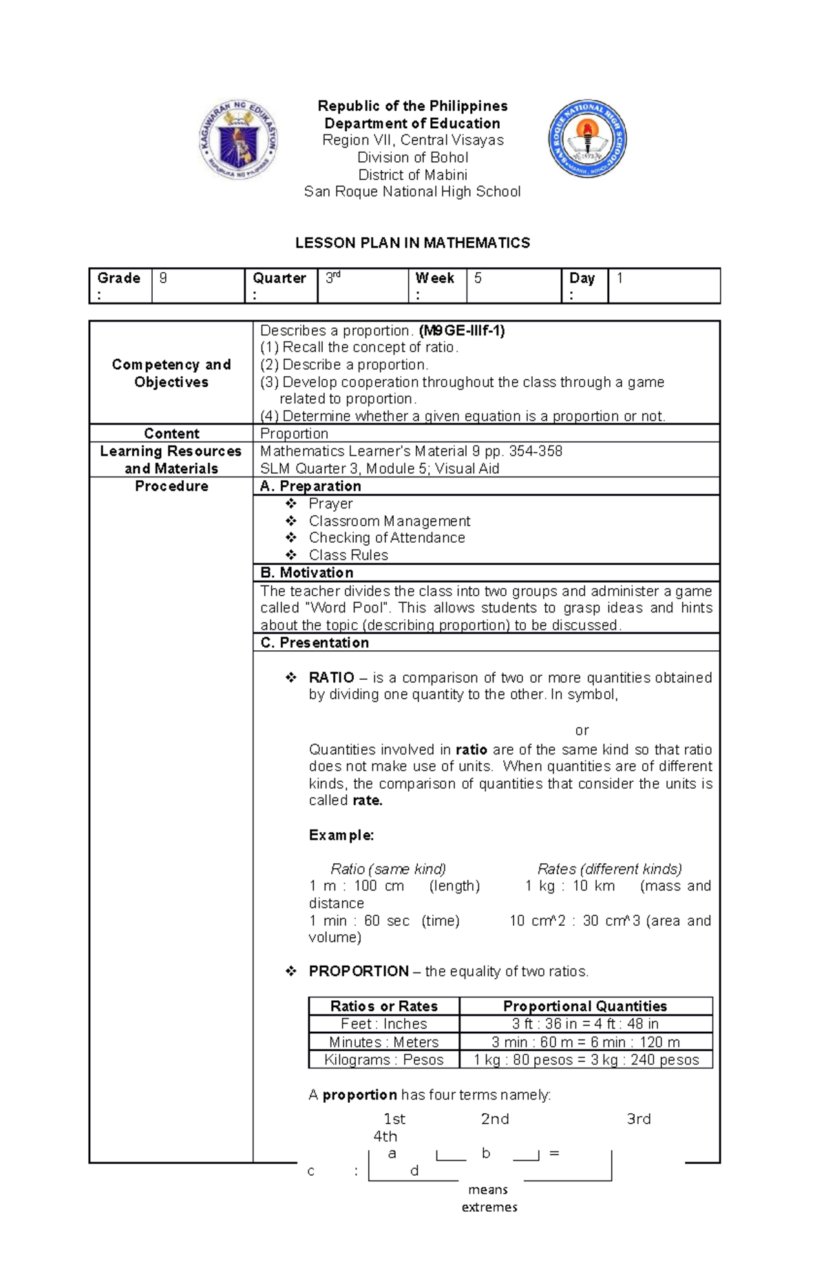 Lesson Plan - Week 5 - Day 1 - Republic of the Philippines Department ...