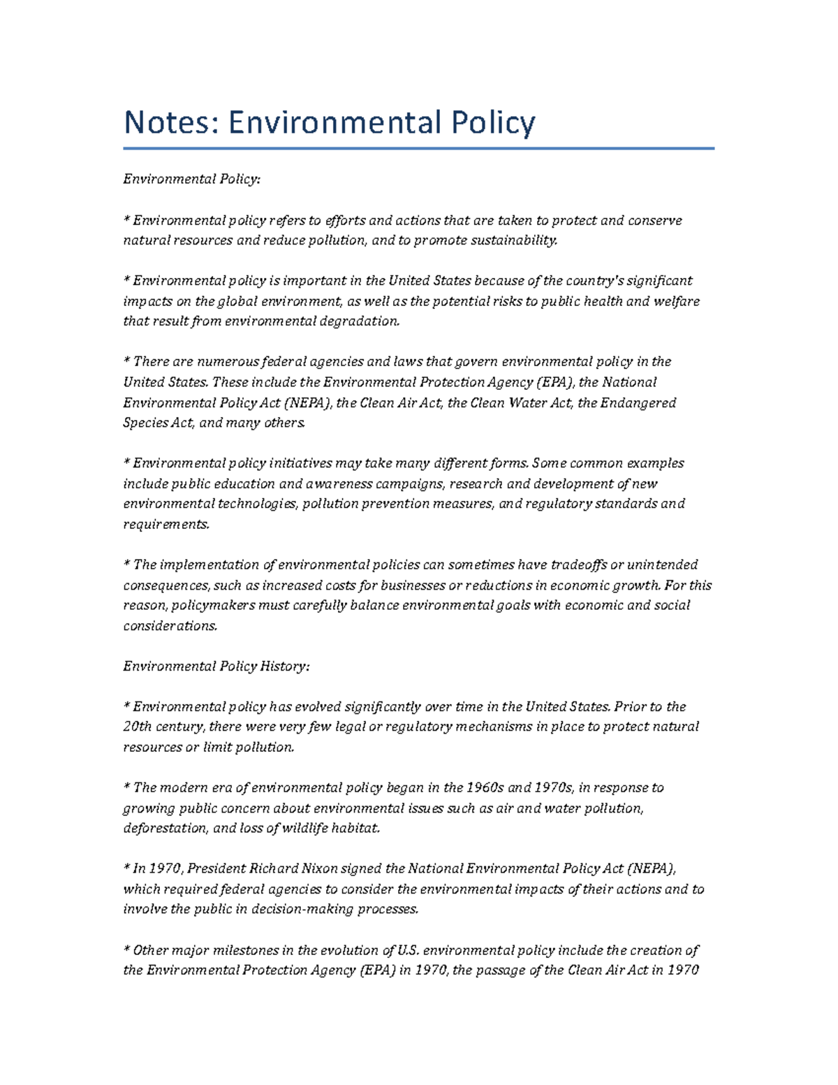 Lecture Notes - Environmental Policy - Notes: Environmental Policy ...