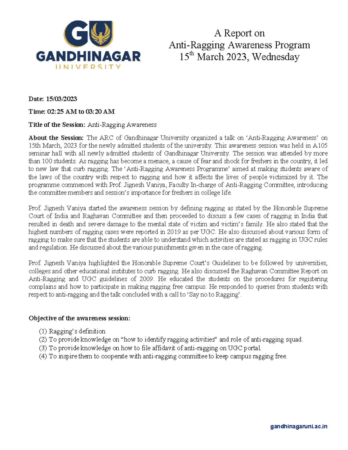 A Report on Anti Ragging Awareness Program 15 3 23 - Date: 15/03/ Time ...