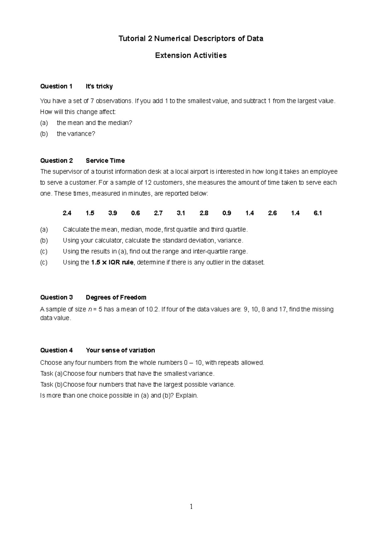 Tute 2 Extension - tutorial sheet, task sheet. Workings and answers done in tutorials ...