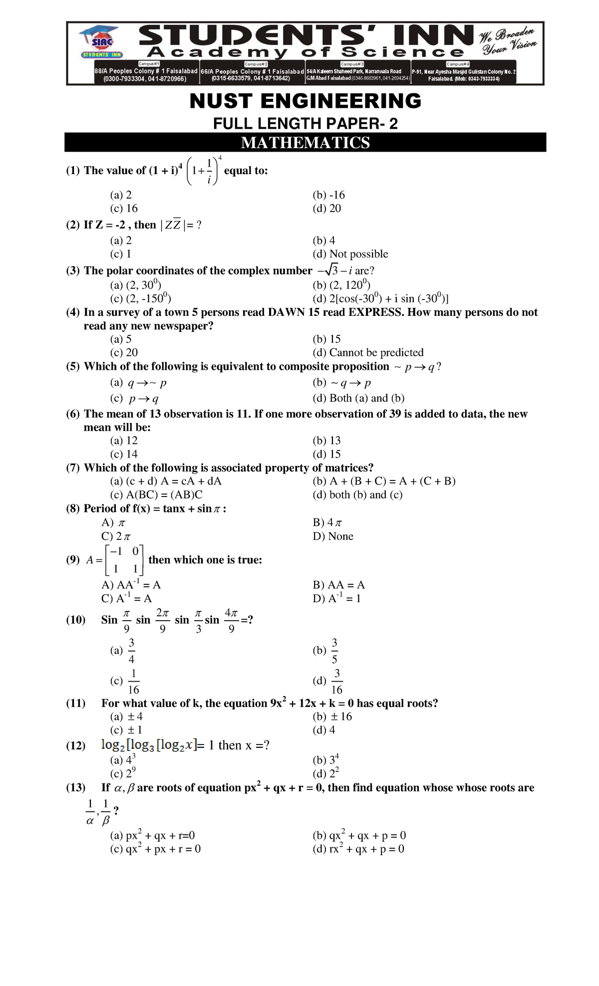 Student Inn's Nust flp - NUST ENGINEERING FULL LENGTH PAPER- 2 ...