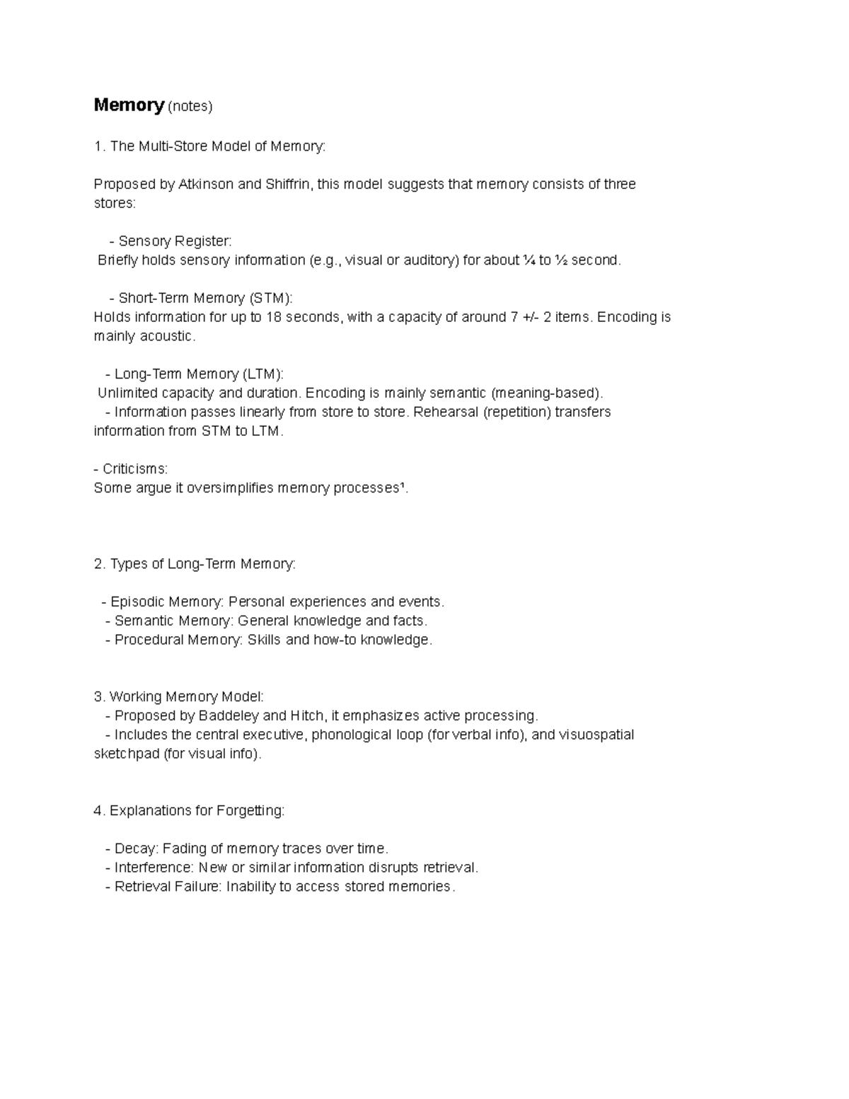 Psychology notes (Memory) - Memory (notes) 1. The Multi-Store Model of ...