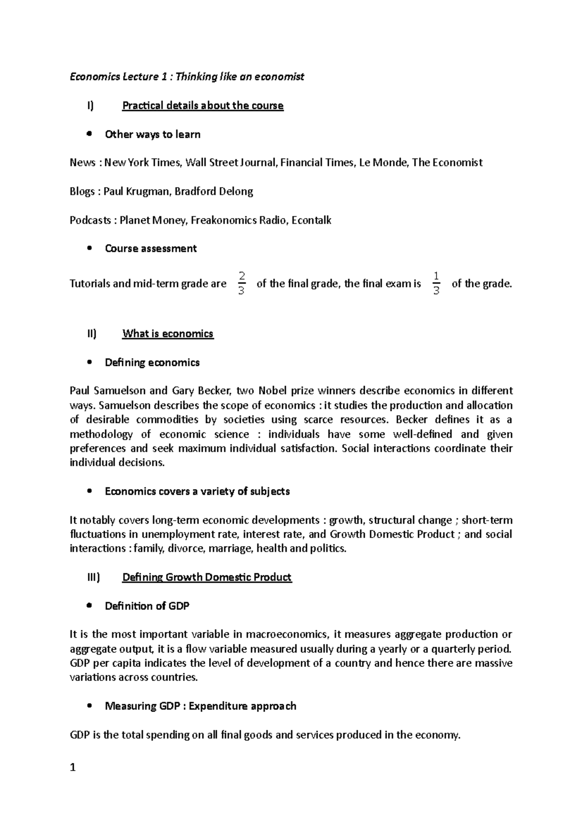 Economics Lecture 1 - Notes de cours 1 - Economics Lecture 1 : Thinking ...