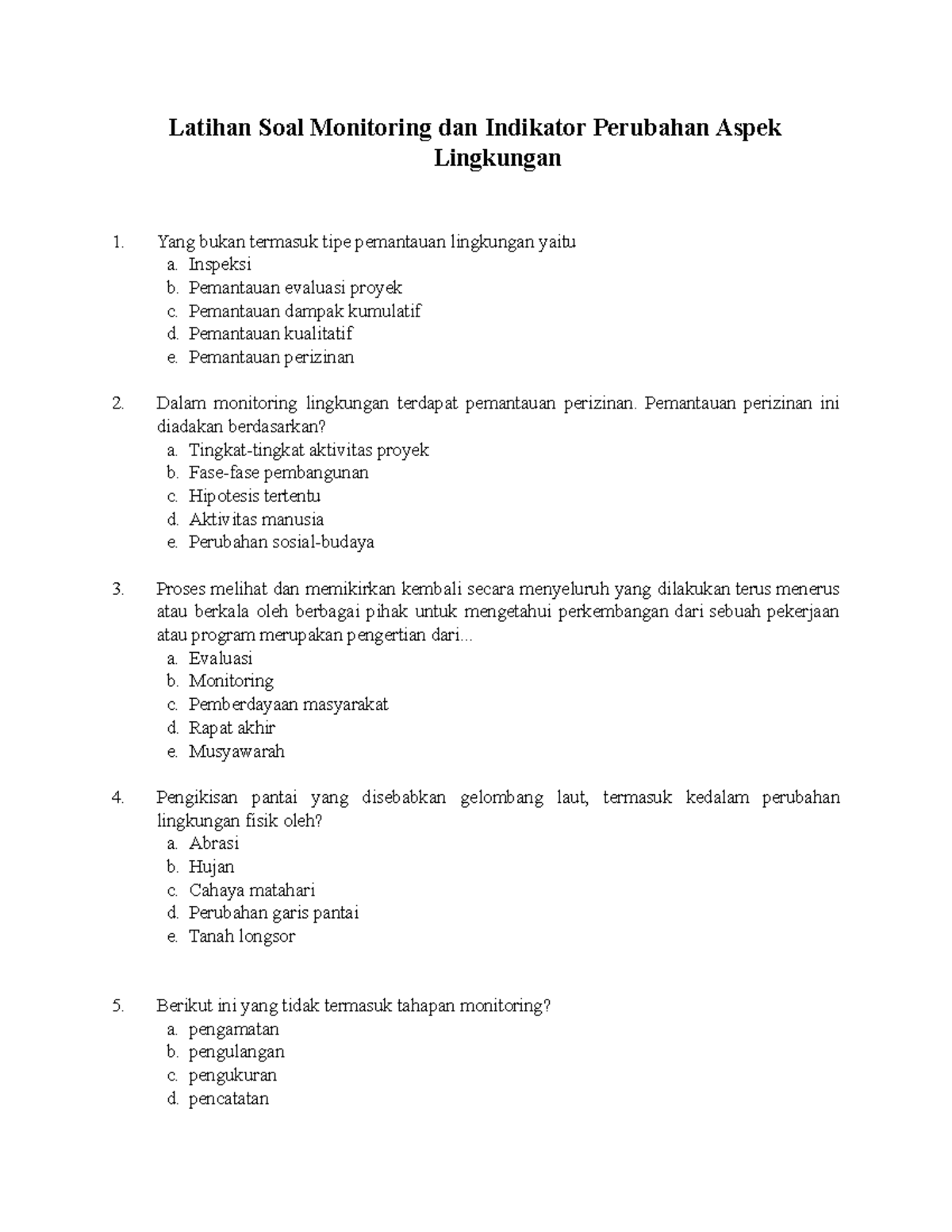 Latihan Soal Monitoring dan Indikator Perubahan Aspek Lingkungan - Latihan Soal Monitoring dan ...