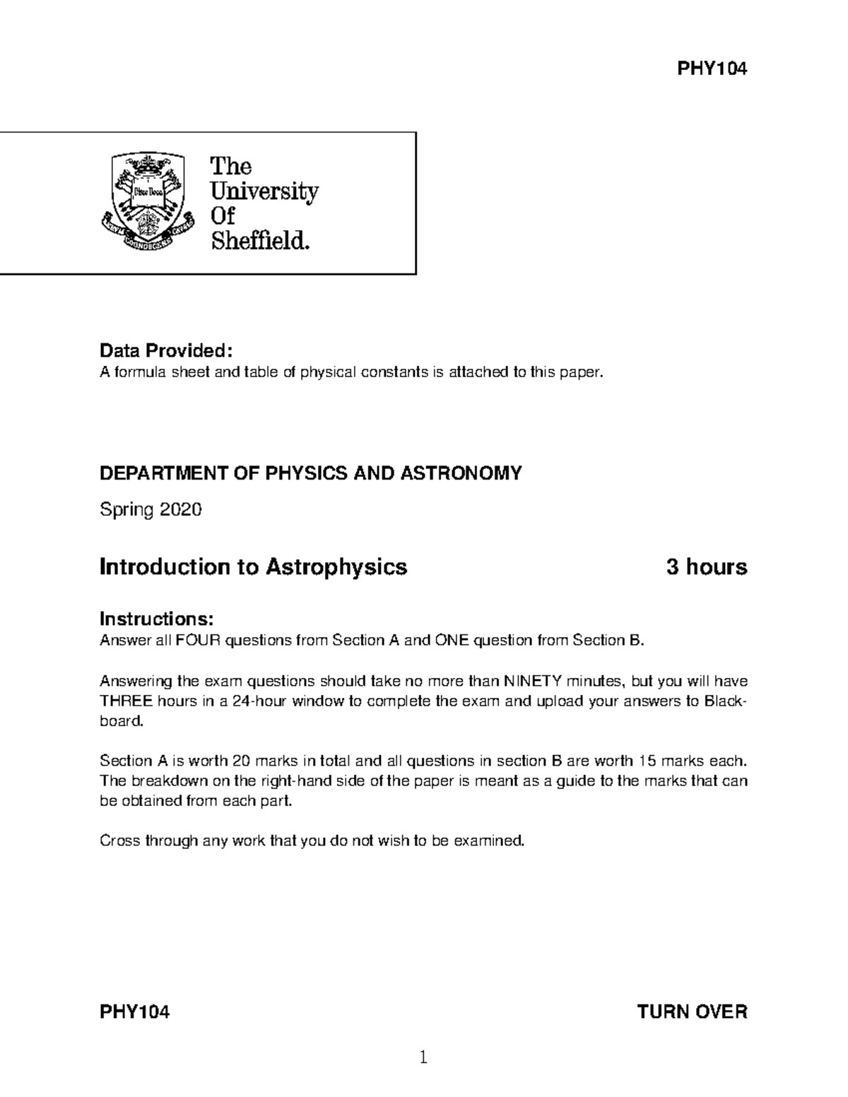 PHY104 19-20 - Past Papers - PHY Data Provided: A formula sheet and table of physical constants ...