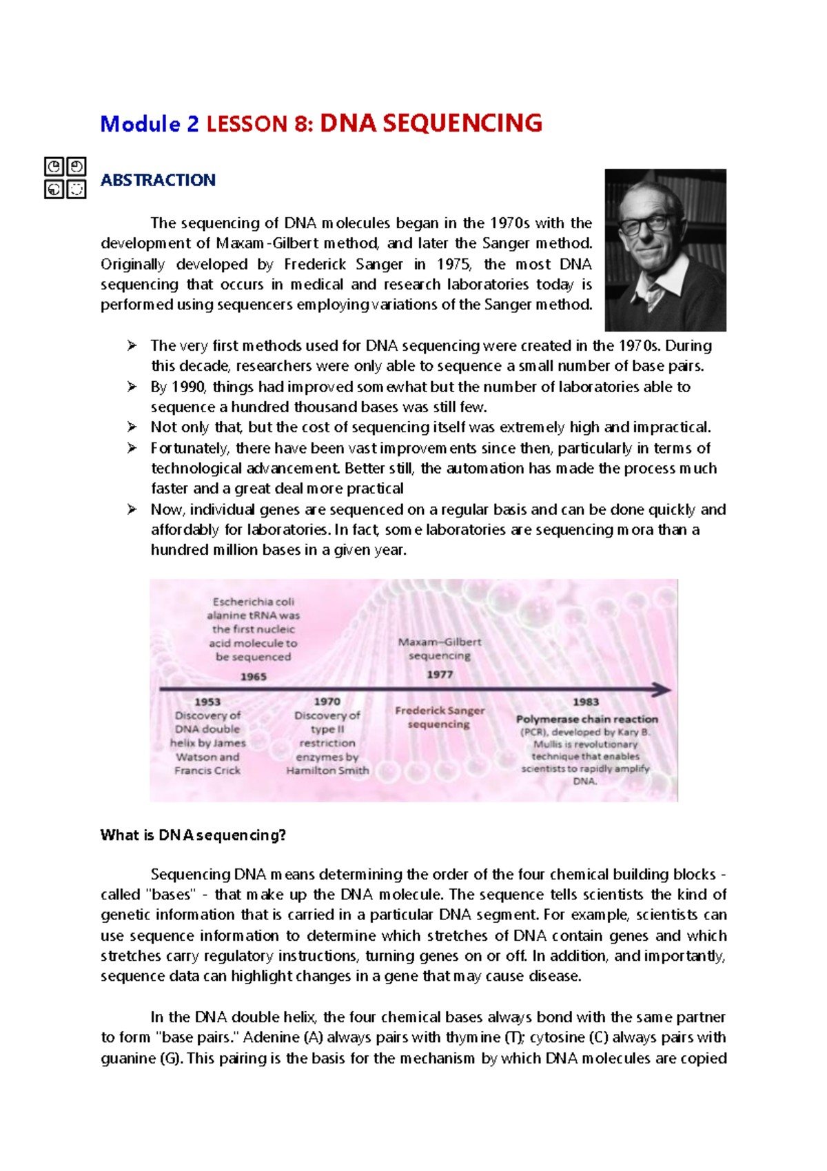 Module 2 Lesson 8 DNA Sequencing - Module 2 LESSON 8: DNA SEQUENCING ...
