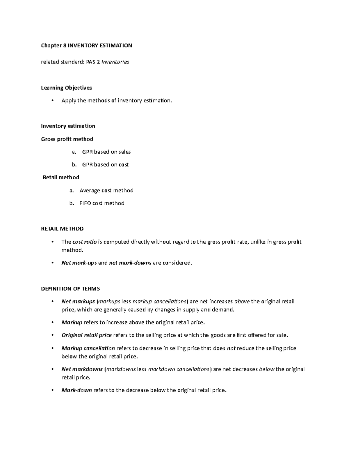 Chapter 8 Inventory Estimation - Chapter 8 INVENTORY ESTIMATION related standard: PAS 2 ...