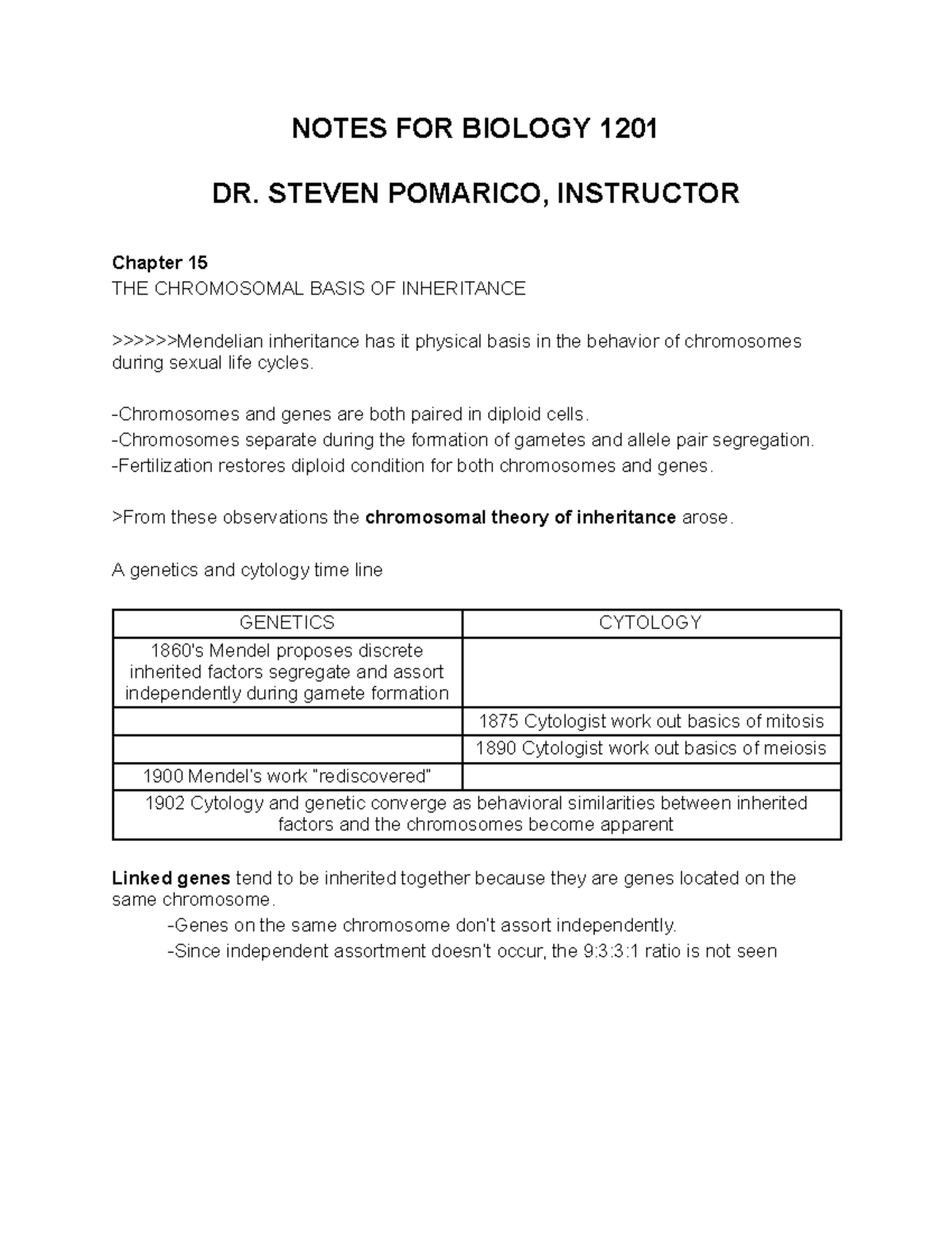 Chapter 15 Notes - THE CHROMOSOMAL BASIS OF INHERITANCE - NOTES FOR ...