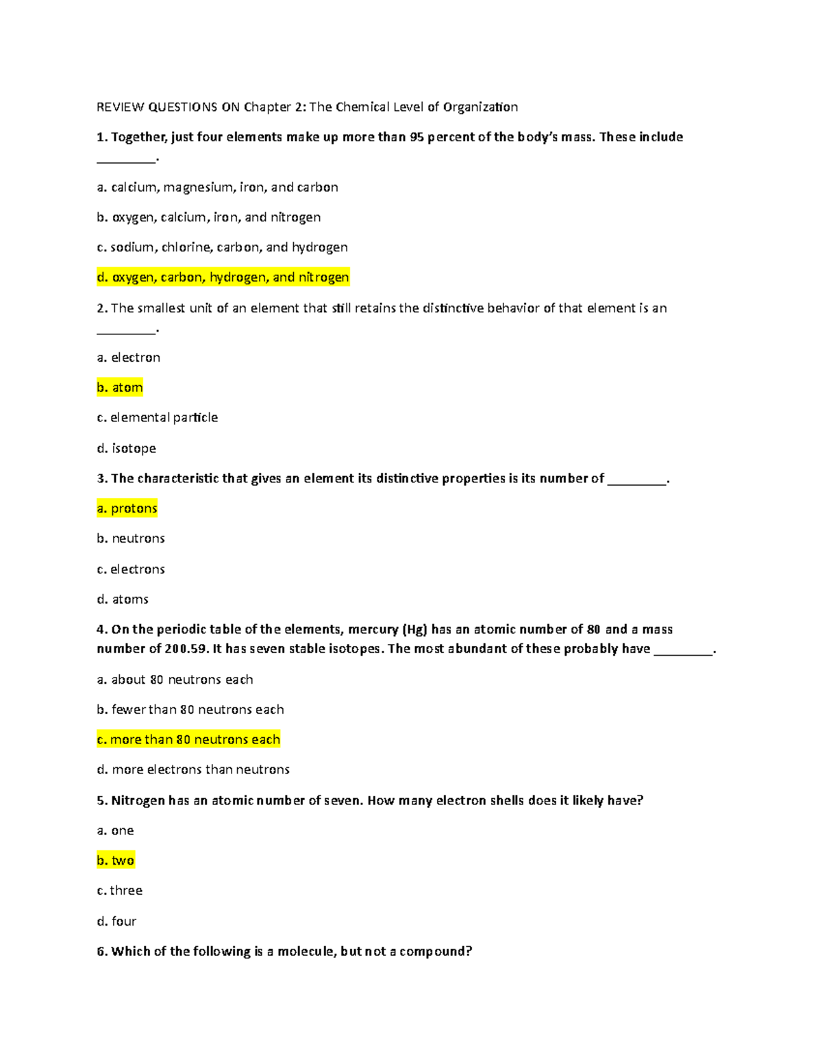 Review QUIZ Chapter 2, Anatomy AND Physiology - REVIEW QUESTIONS ON ...