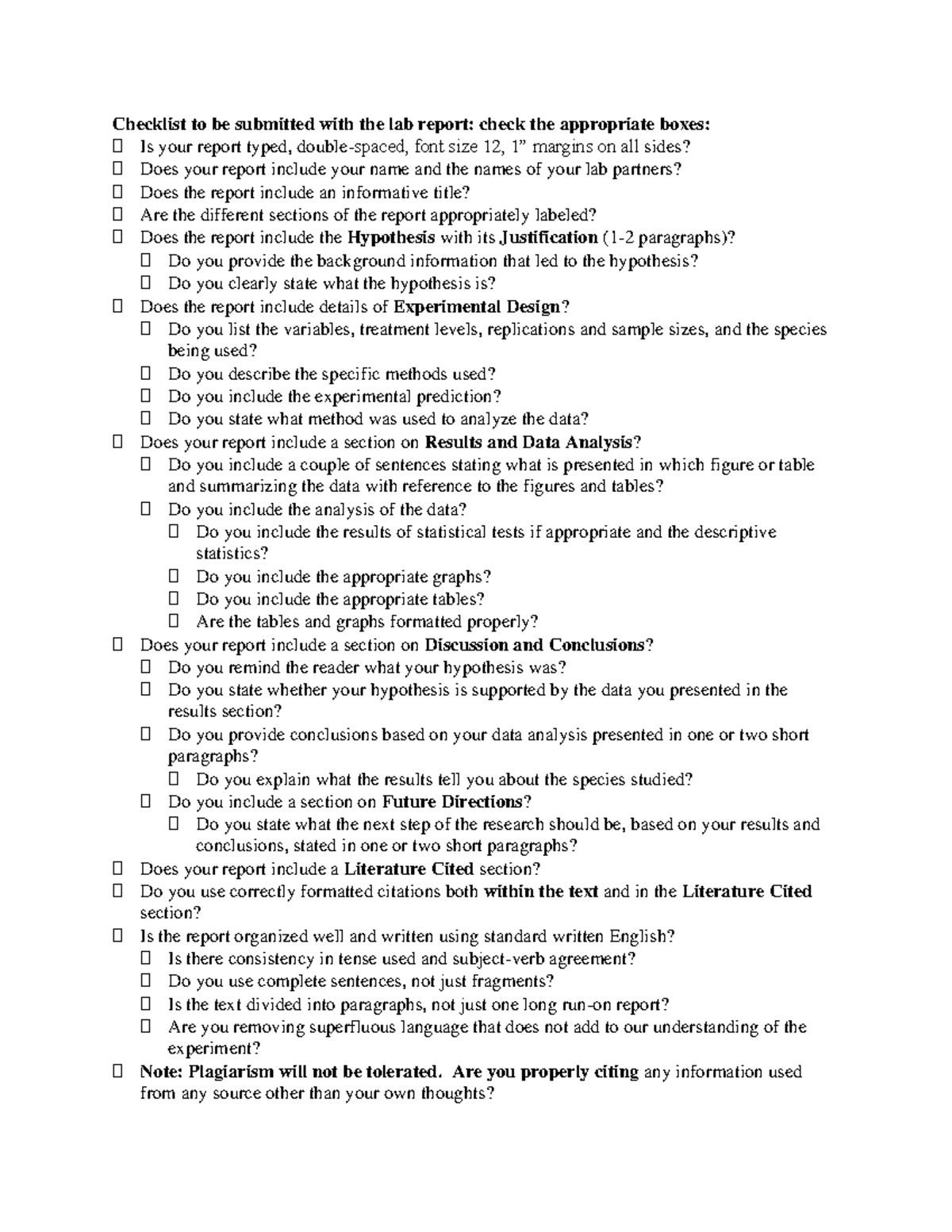 Report 1 checklist - Checklist to be submitted with the lab report ...