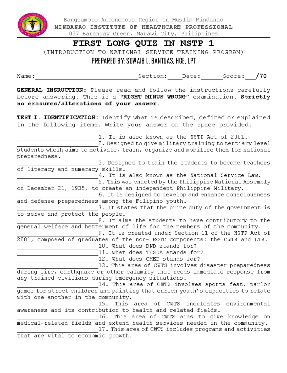 LONG QUIZ IN NSTP1 - None - Bangsamoro Autonomous Region in Muslim ...