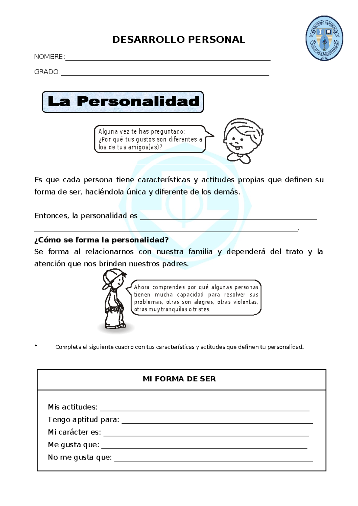 Ficha como se forma la personalidad para Cuarto de Primaria ...
