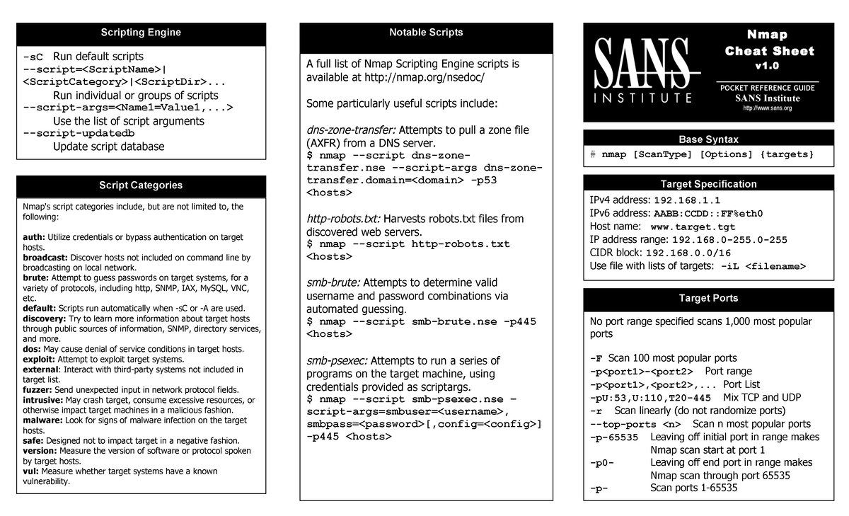 2 1 Network Scanning Nmap Sans Nmap Cheat Sheet V 1 0 Pocket Reference Guide Sans Institute