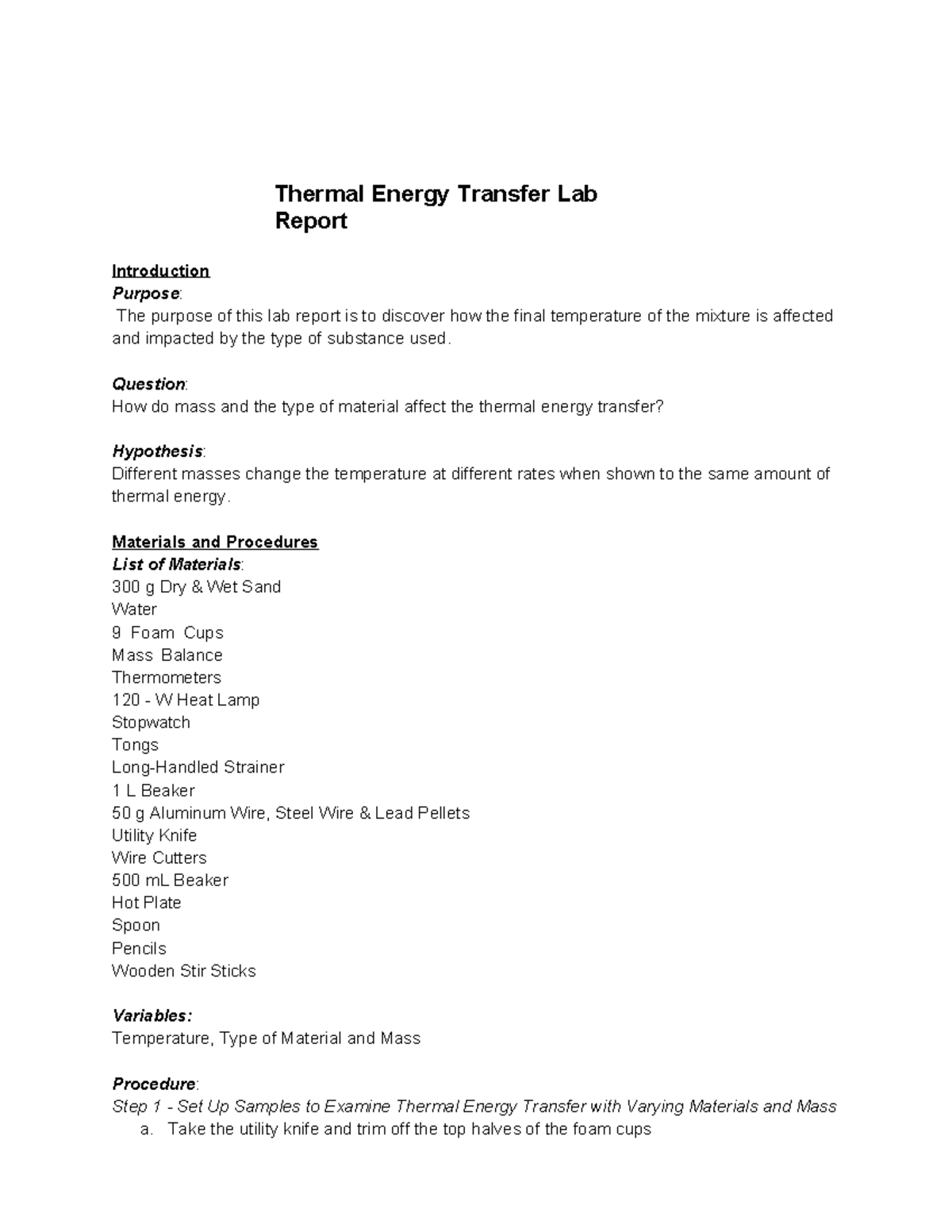 Lab report - Just needed to upload - Thermal Energy Transfer Lab Report ...