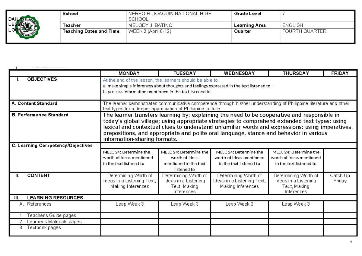 WEEK 3 ( April 15 -19) - lesson plan - MONDAY TUESDAY WEDNESDAY ...