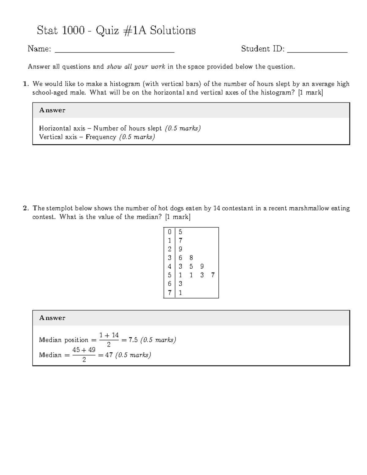 Quiz1-version A - quiz - Stat 1000 - Quiz #1A Solutions Name: Student ...