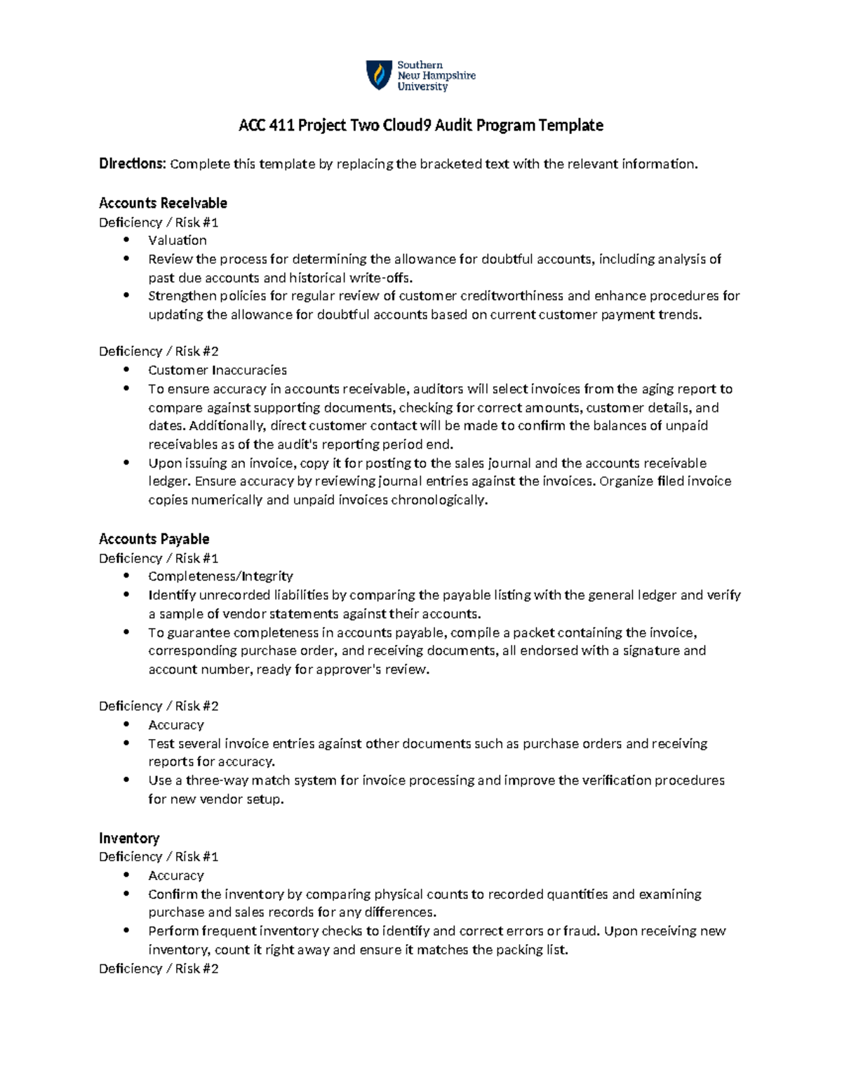 ACC 411 Project Two Cloud 9 Audit Program - Accounts Receivable ...