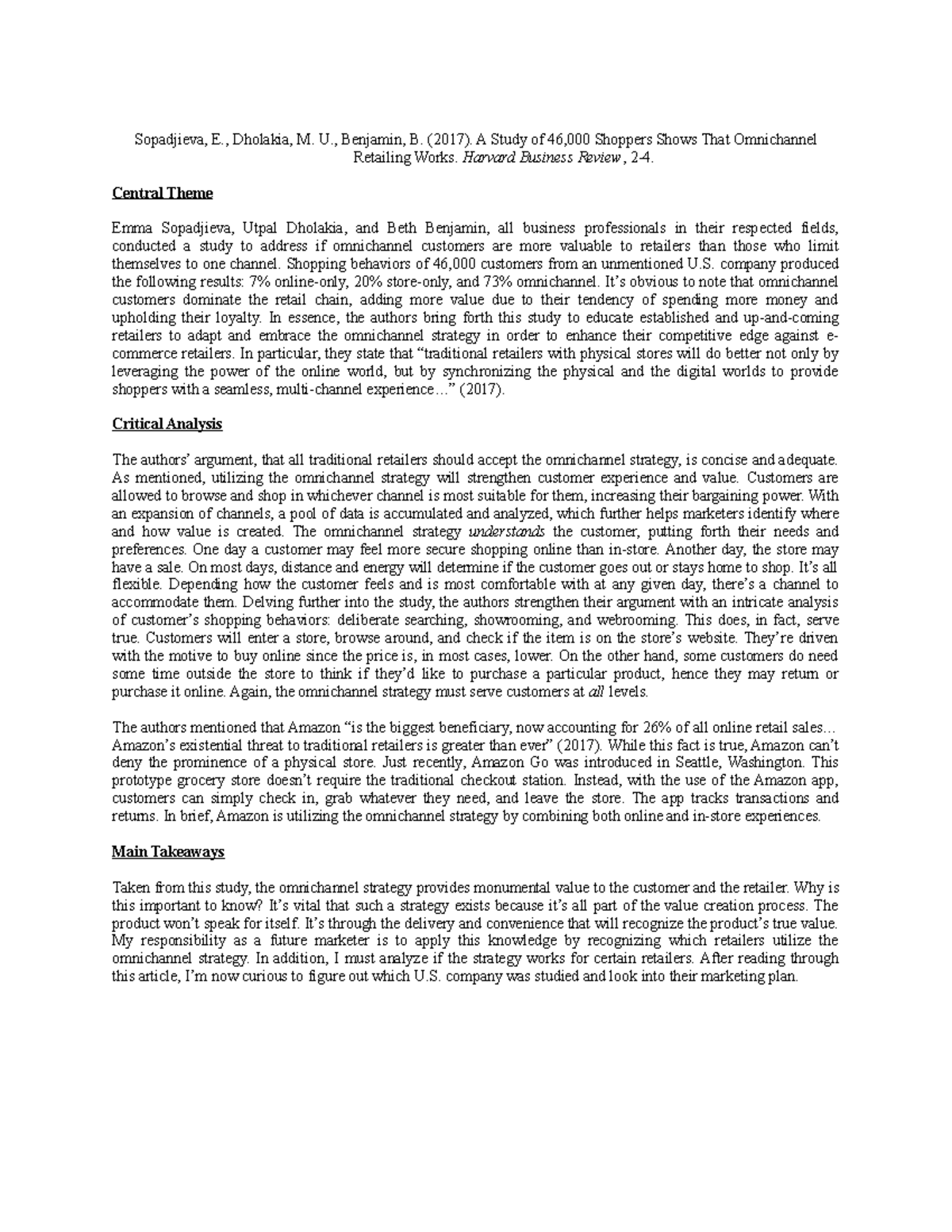 HBR Reflection - Omnichannel Retailing - Sopadjieva, E., Dholakia, M. U ...