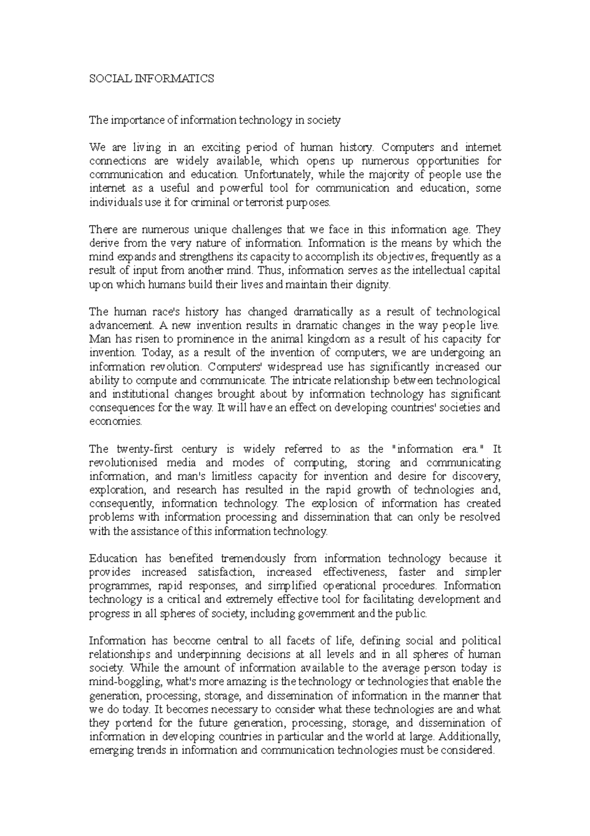 Social Informatics - Lecture notes 12 - SOCIAL INFORMATICS The ...