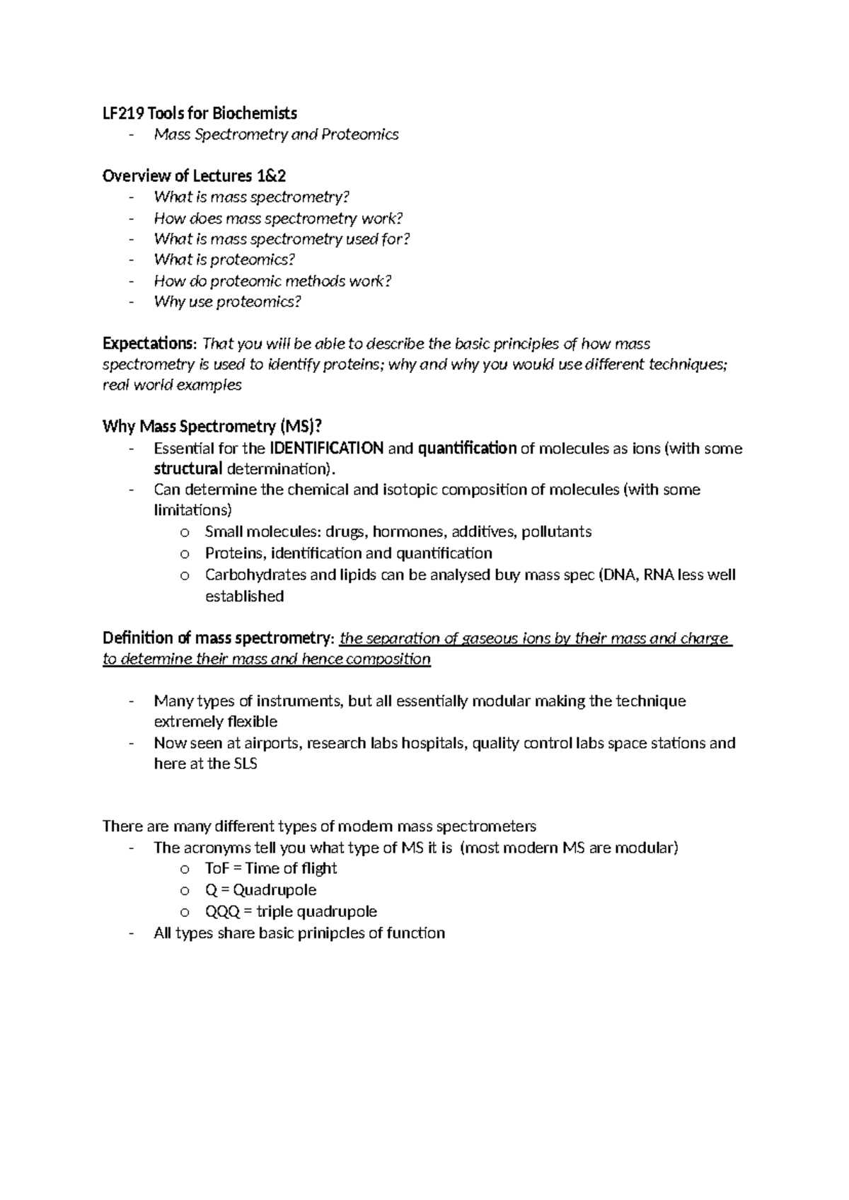 LF219 Lecture 1 - jnkn - LF219 Tools for Biochemists - Mass ...