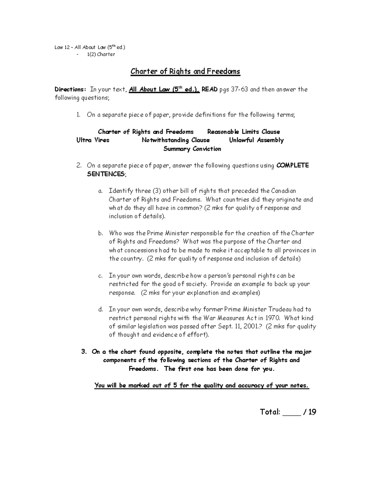 Charter Activity for Legal Intro - Law 12 – All About Law (5th ed.) - 1 ...