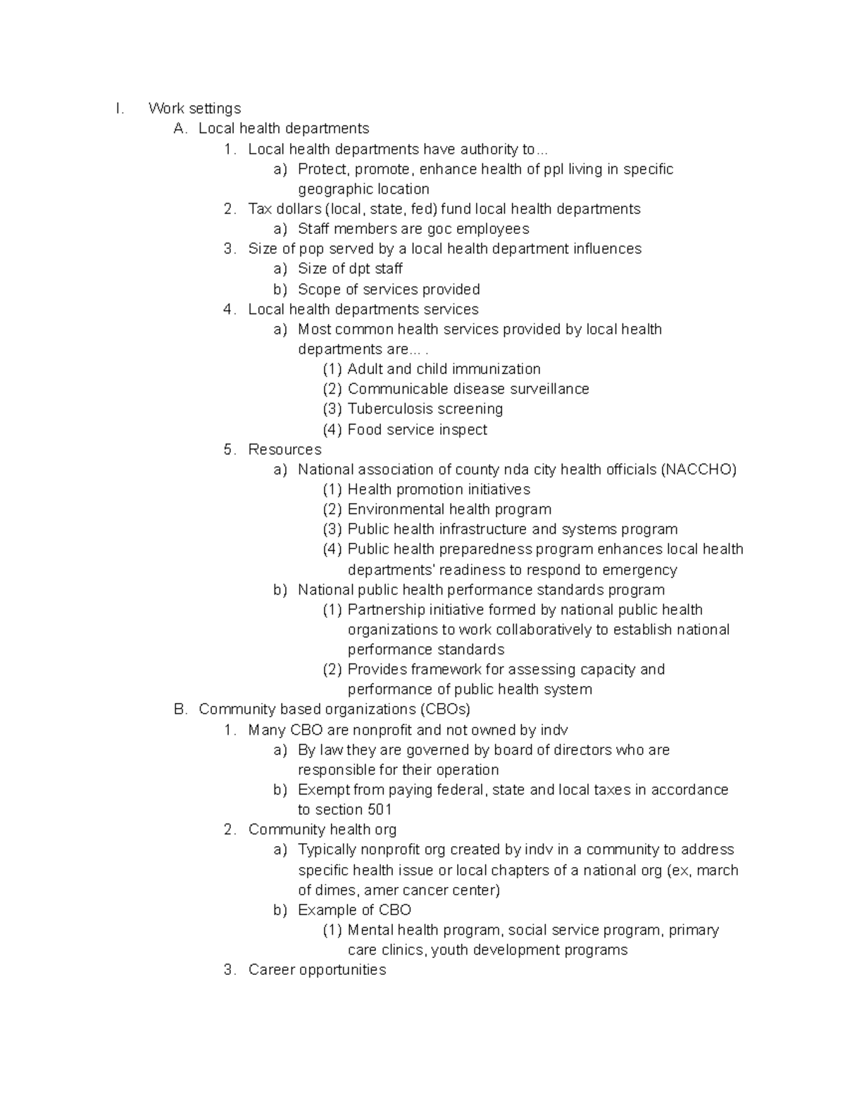 04 28 18 Careers in public Health - I. Work settings A. Local health ...